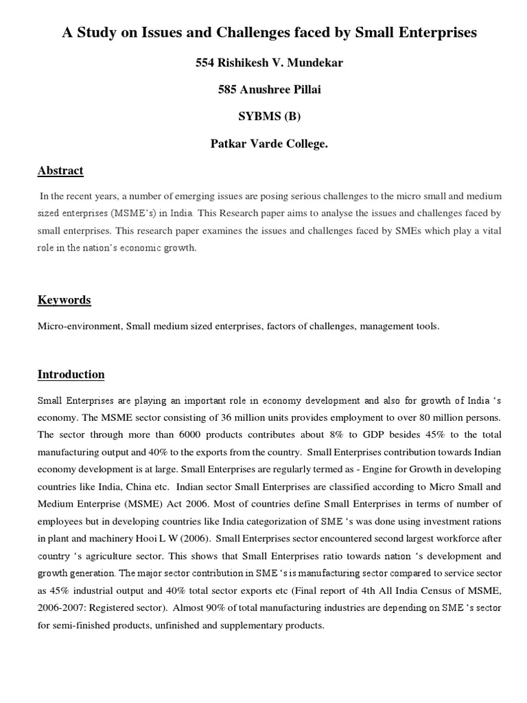 A Study On Issues and Challenges Faced by Small Enterprises (BRM Assignment) | PDF | Small And ...