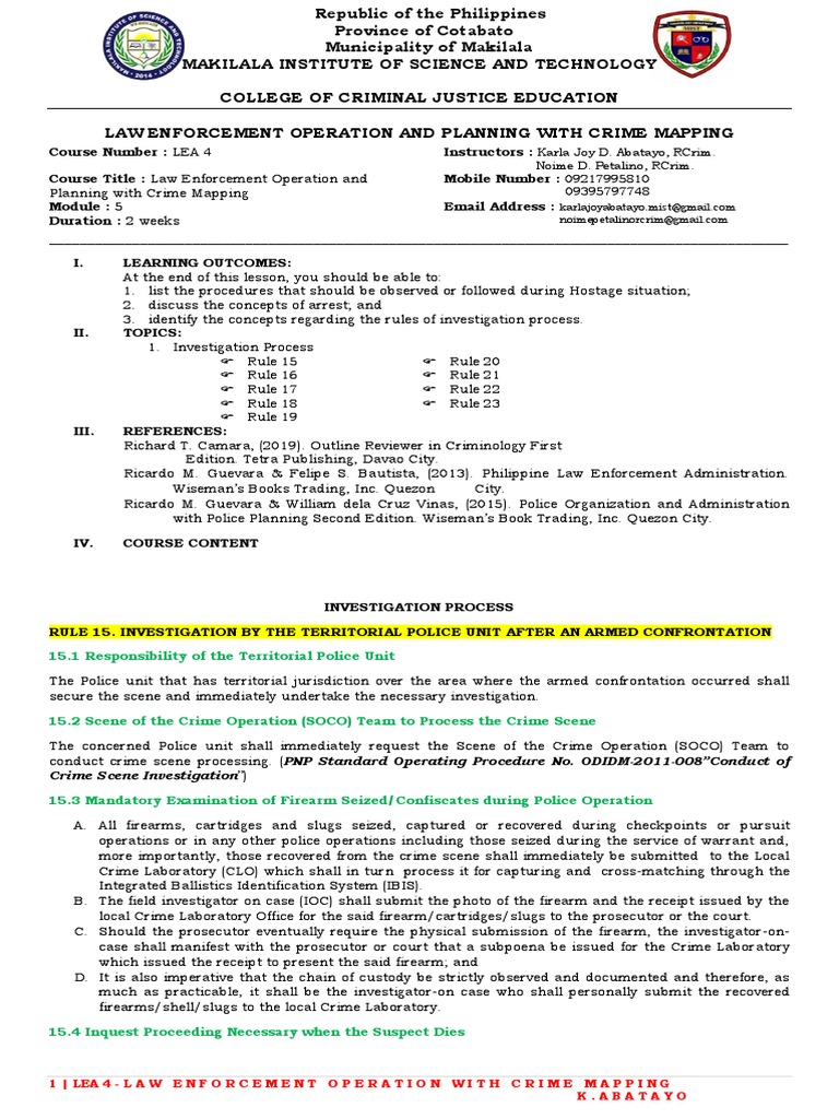 LEA 4 - Module 5 | PDF | Detention (Imprisonment) | Crime Scene