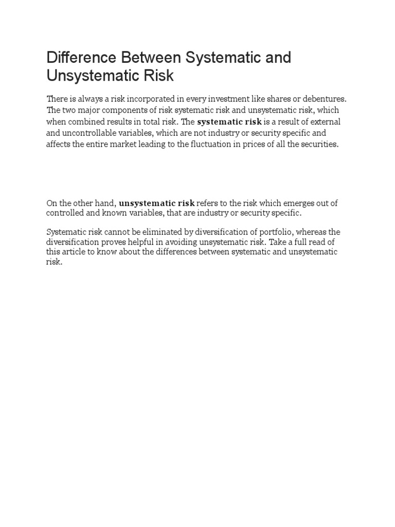 Difference Between Systematic and Unsystematic Risk | PDF | Financial ...