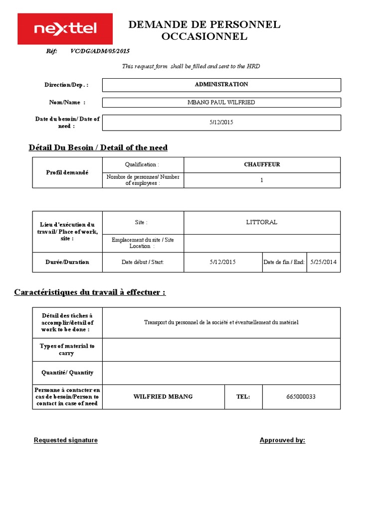 Demande de Chauffeur Occasionnel | PDF | Ingénierie des transports ...