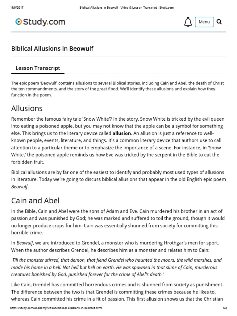 Biblical Allusions in Beowulf Video Lesson Transcript - Study | PDF ...