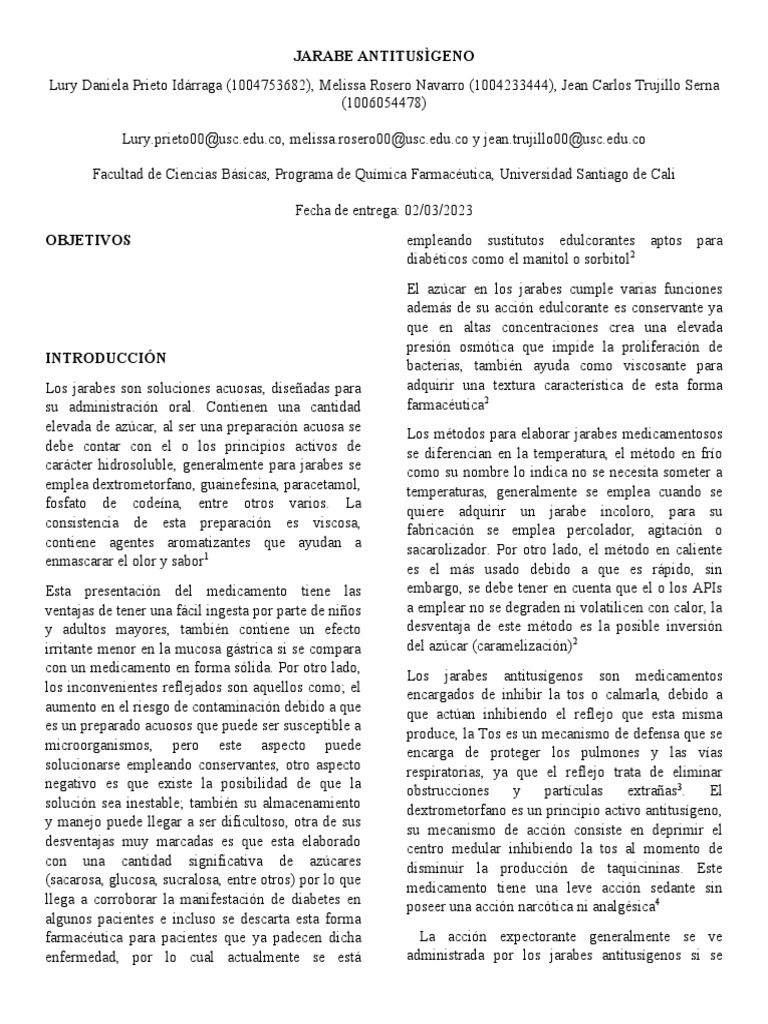 Informe 1. Elaboracion de Jarabe Antitusigeno | PDF | Tos ...