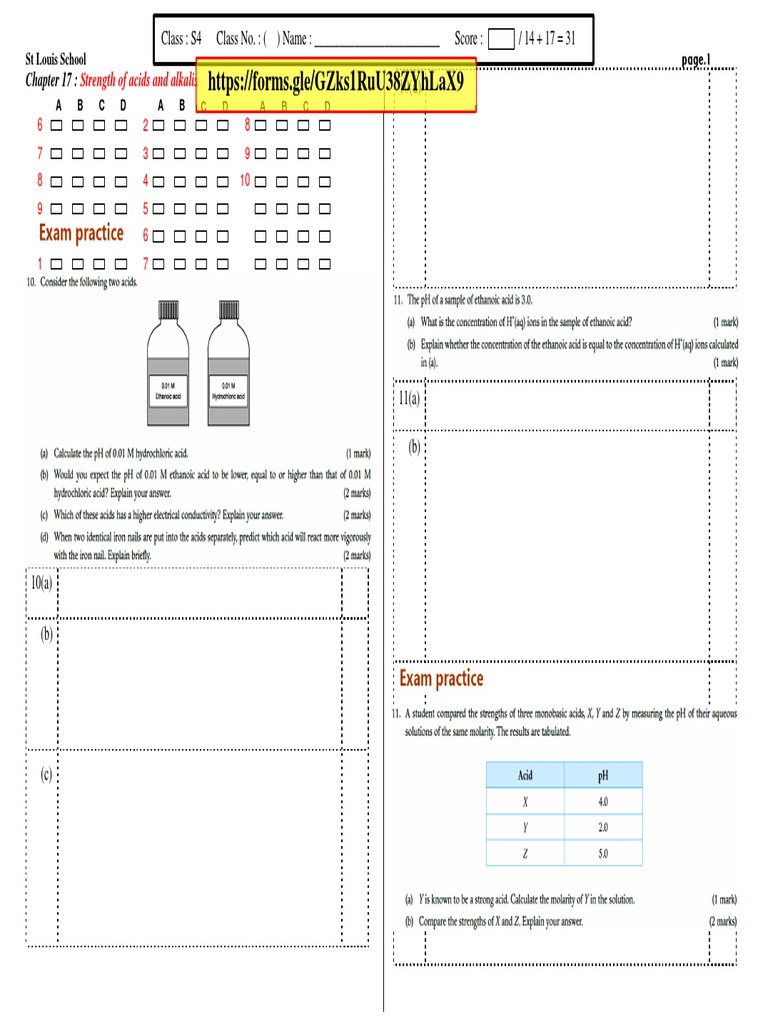 S4 HW Ans Sheet (CH - 17 Strength of Acids and Alkalis) - S | PDF | Acid | Hydroxide