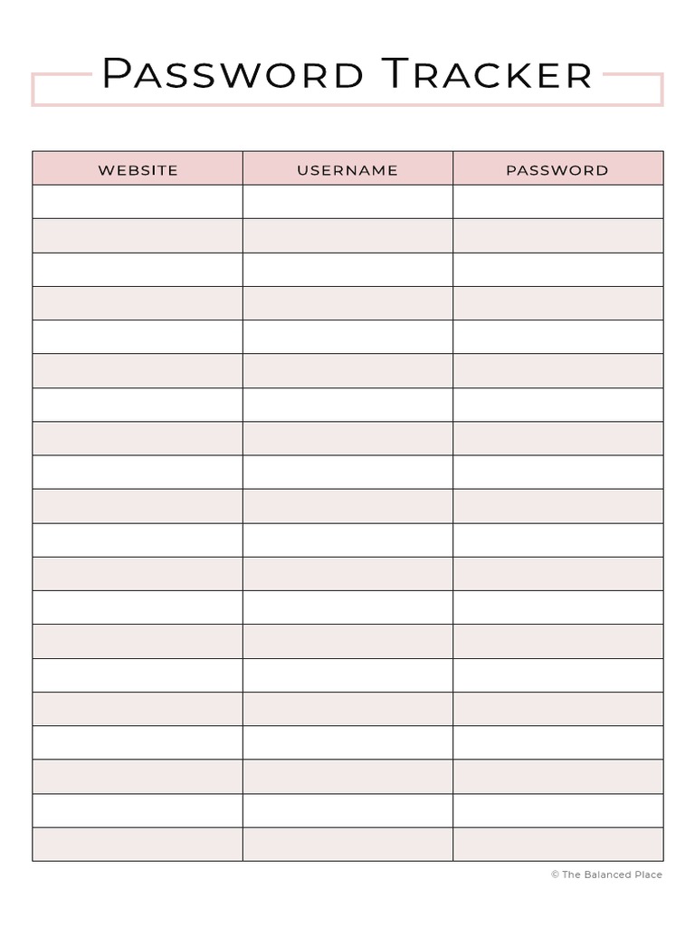 Printable Password Tracker The Balanced Place Letter A4 | PDF