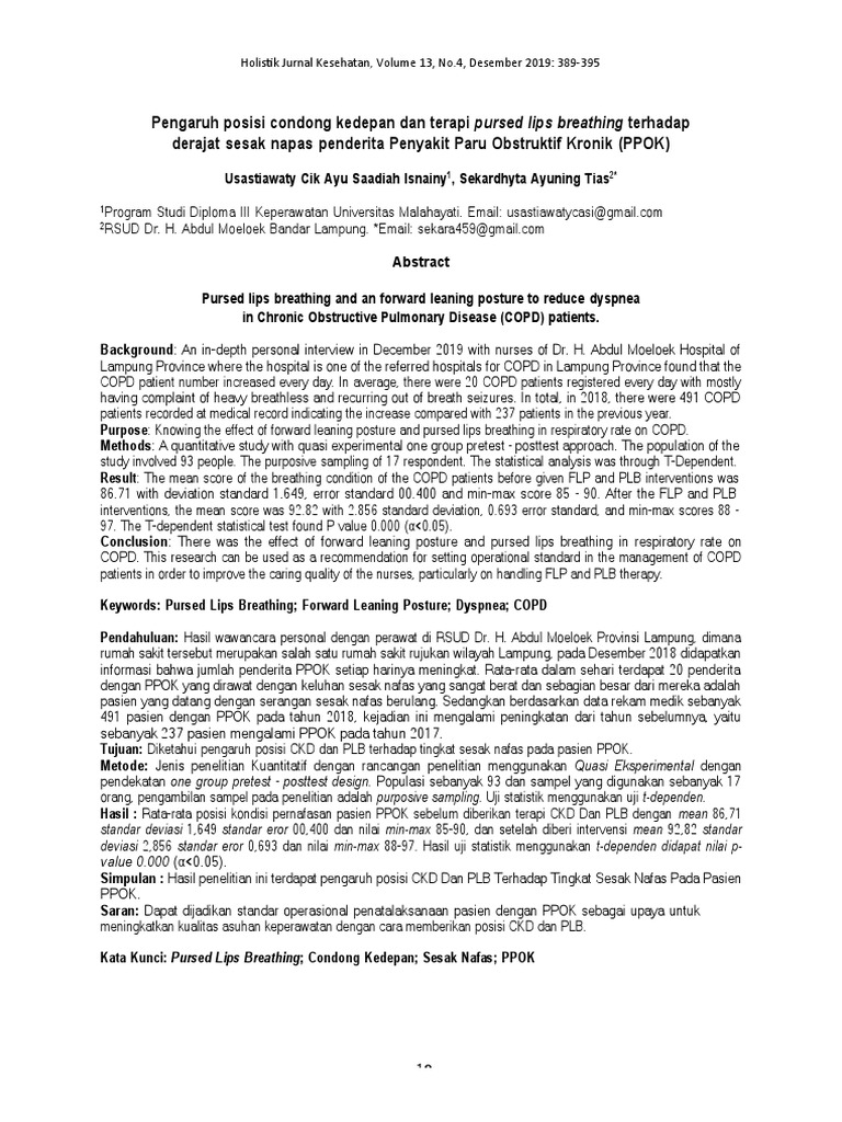 Pengaruh Posisi Condong Kedepan Dan Terapi Pursed Lips Breathing Terhadap | PDF | Chronic ...