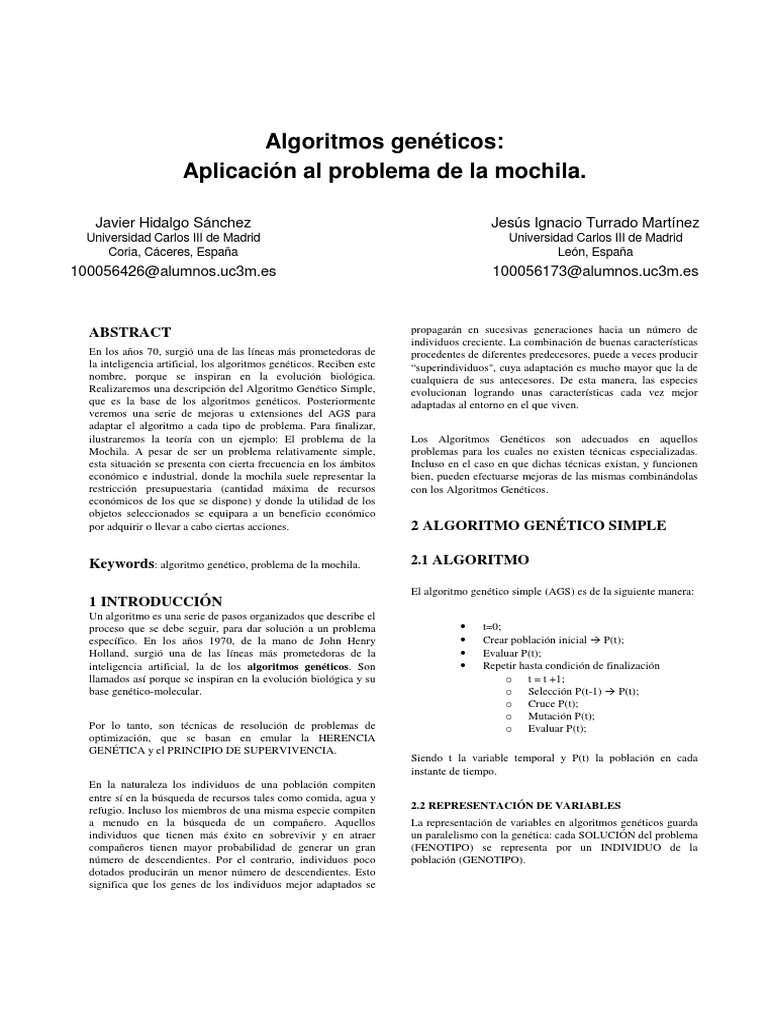 Algoritmo Genético Simple y Mochila | PDF | Algoritmo genético | Genética