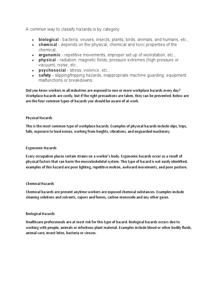 A Common Way To Classify Hazards Is by Category | PDF