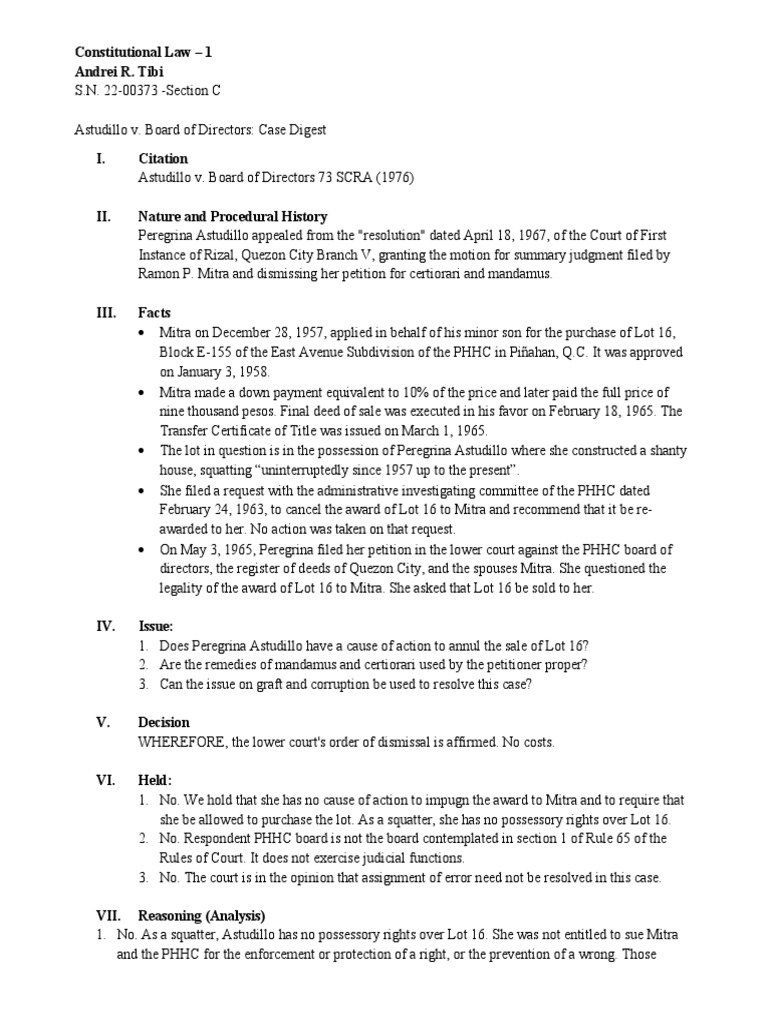 Astudillo v. Board of Directors Case Digest | PDF | Mandamus | Certiorari
