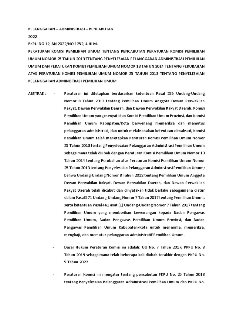 Peraturan Kpu Nomor 12 THN 2022 Tentang Pencabutan Peraturan Kpu Nomor ...