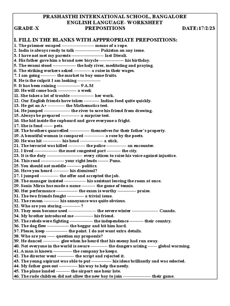 Prepositions Worksheet New | PDF