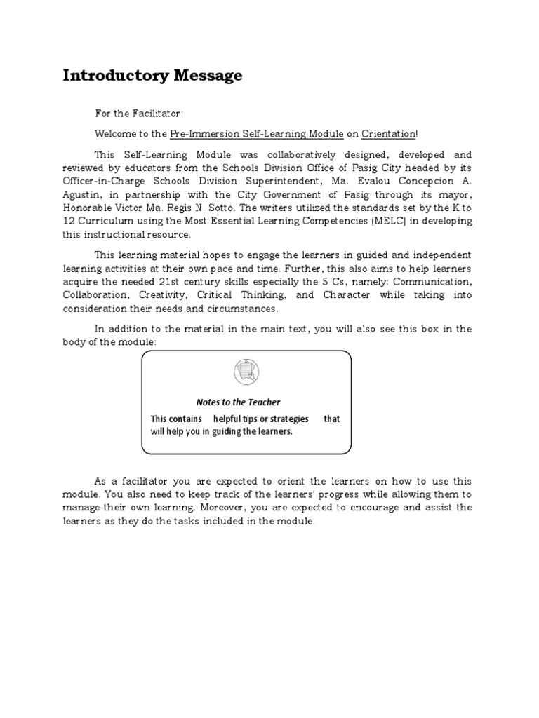 Work Immersion Introductory Message | PDF