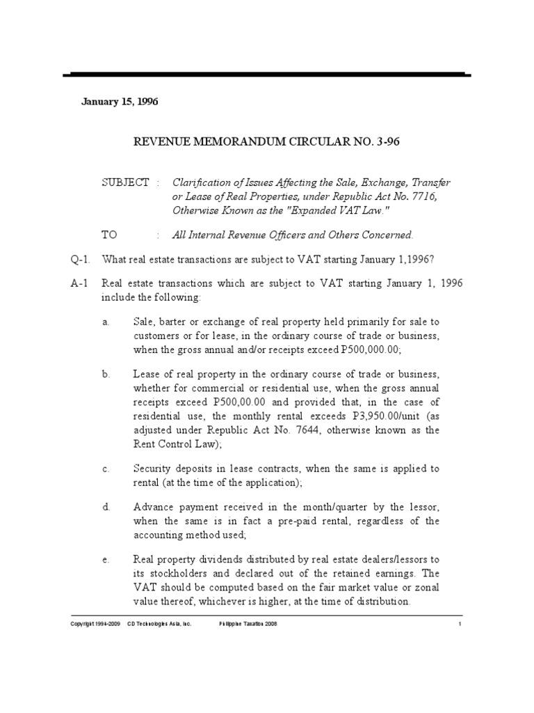 RMC 03-96 VAT On Real Properties | PDF | Value Added Tax | Lease