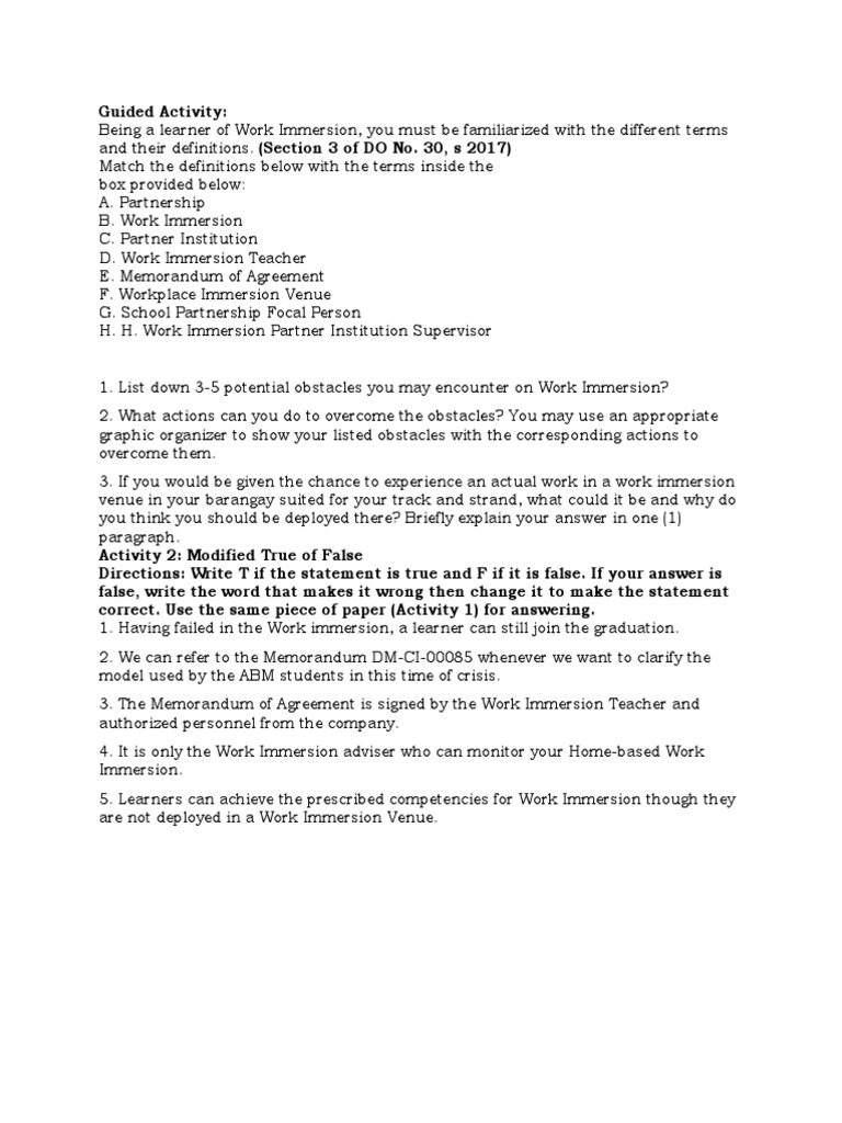 Work Immersion Day 2 Activities Guide | PDF
