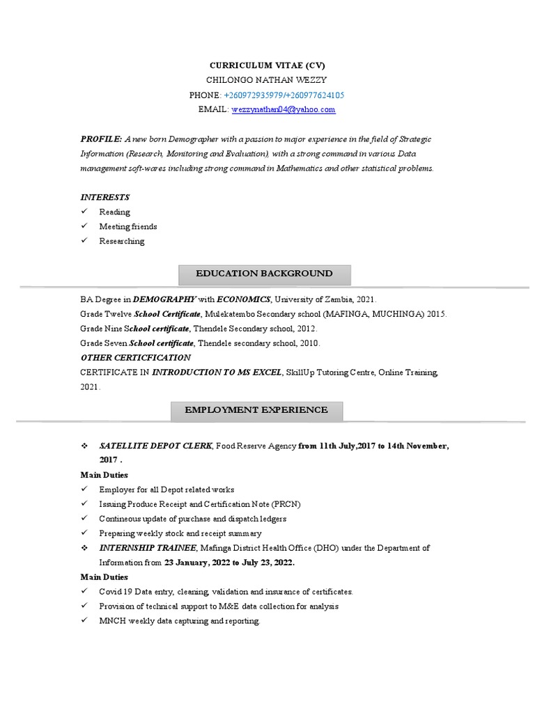 Chilongo Nathan Wezzy Curriculum Vitae | PDF | Computers | Career & Growth