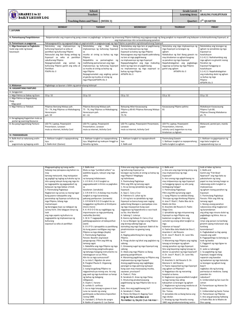 DLL - Araling Panlipunan 5 - Q3 - W3 | PDF
