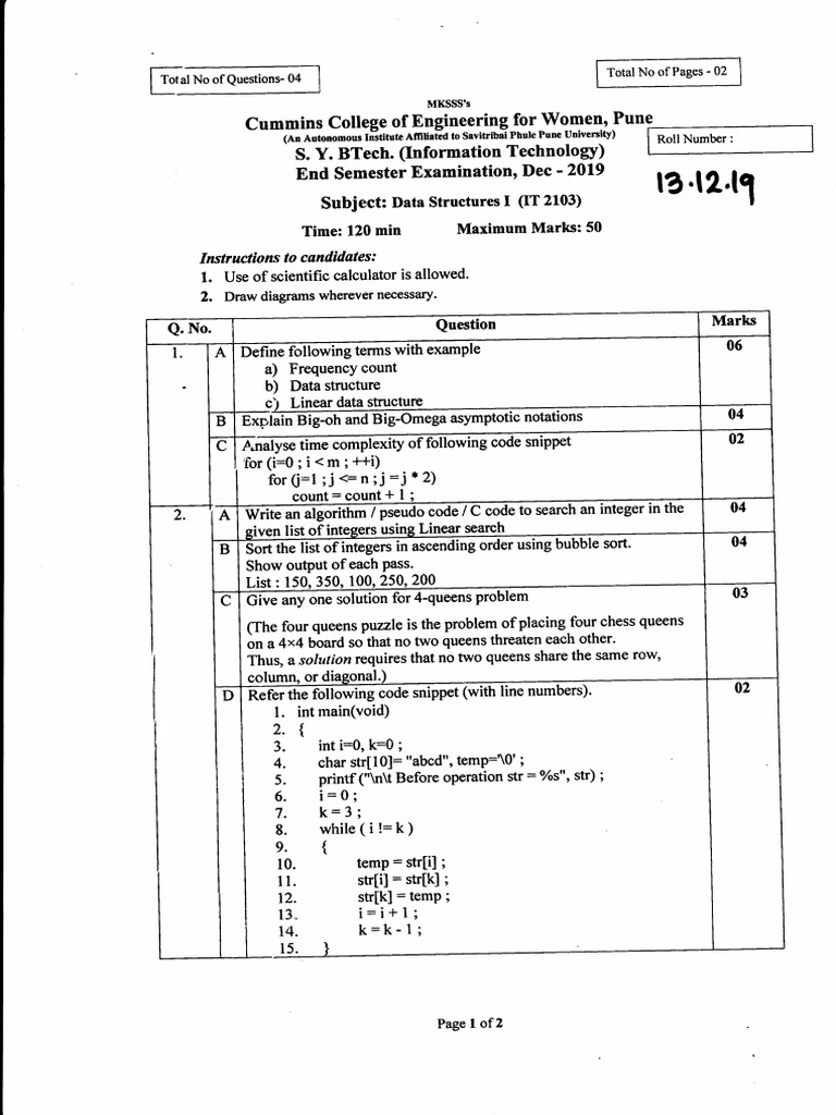 Data Structures I Dec 2019 Sem I S Y B Tech It Pdf Computer Science Computer Engineering