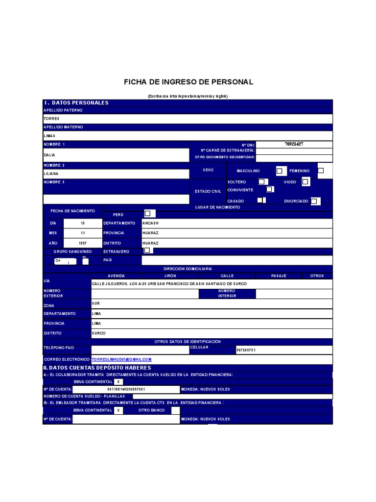 Ficha de Ingreso de Personal Detallada | PDF