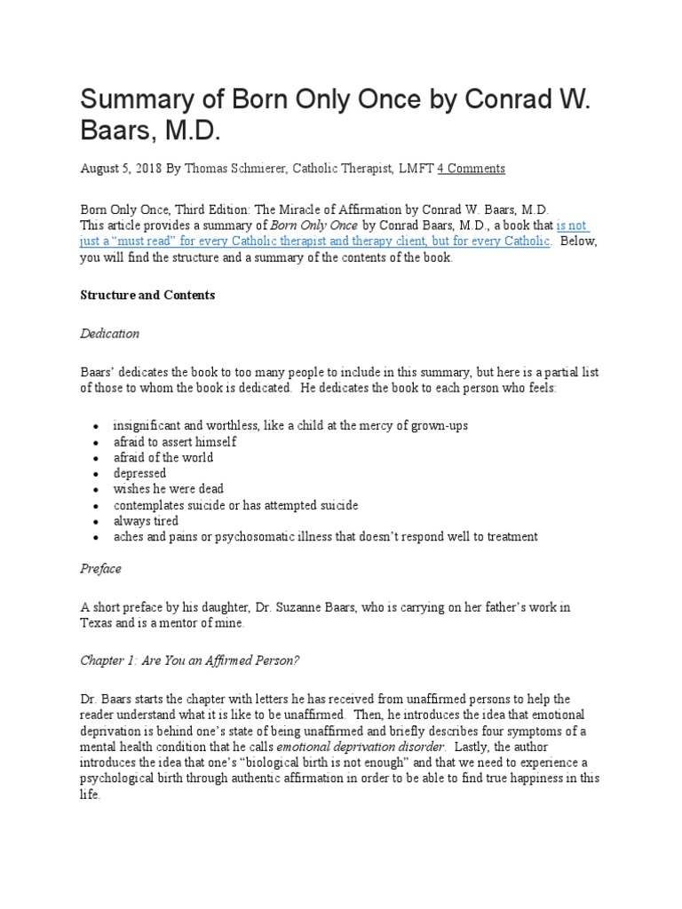 Conrad Baars - Born Only Once | PDF | Psychotherapy | Mental Disorder