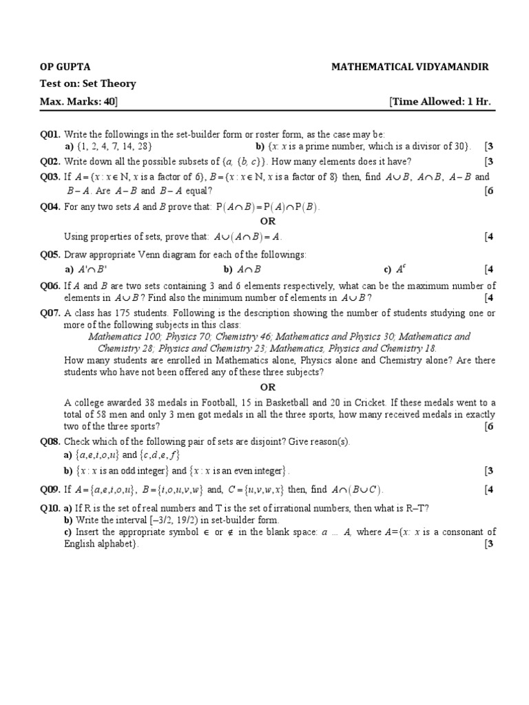 Set Theory Test Paper for Class 11 | PDF