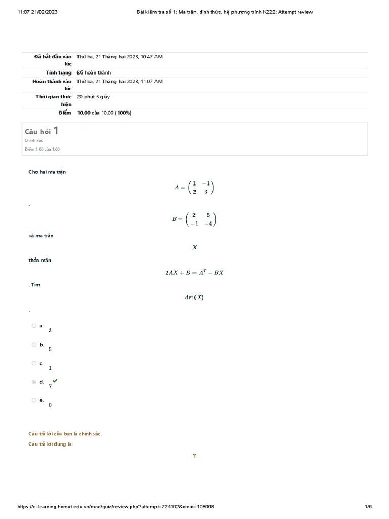 Bài Kiểm Tra Số 1 - Ma Trận, Định Thức, Hệ Phương Trình K222 2 - Attempt Review | PDF