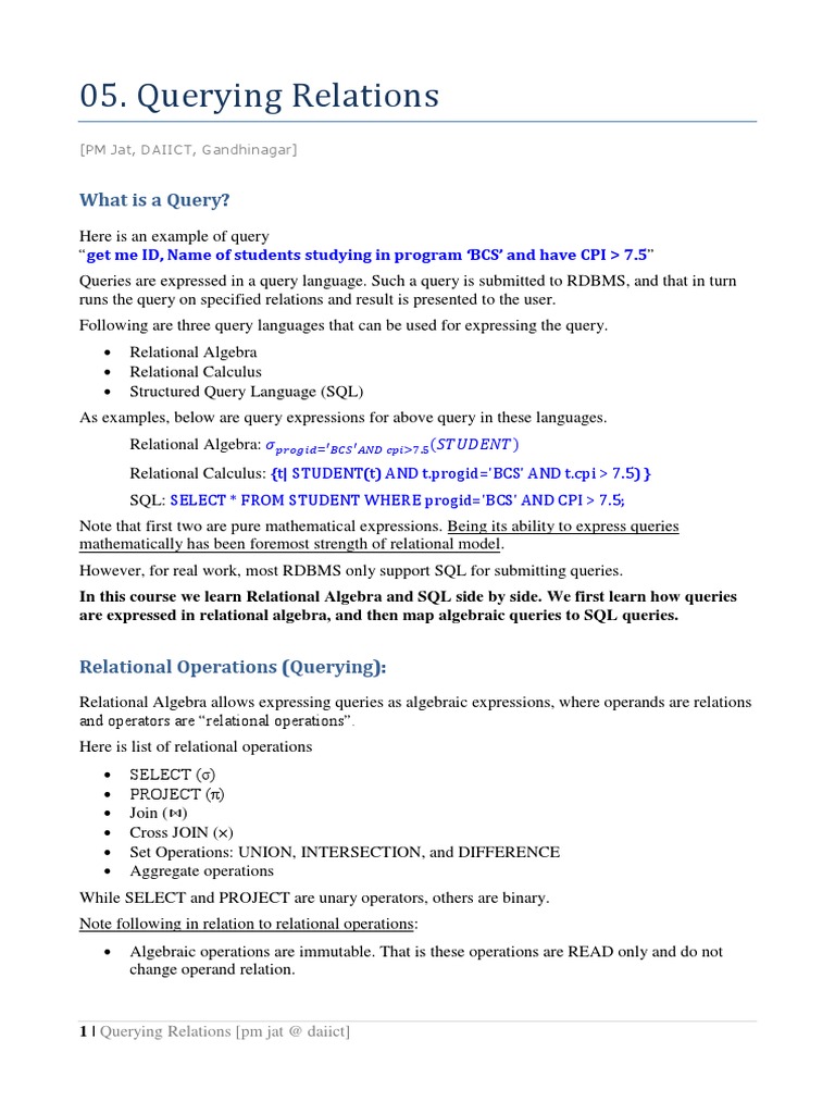 05 1.relational Operations Querying | PDF | Relational Model | Relational Database