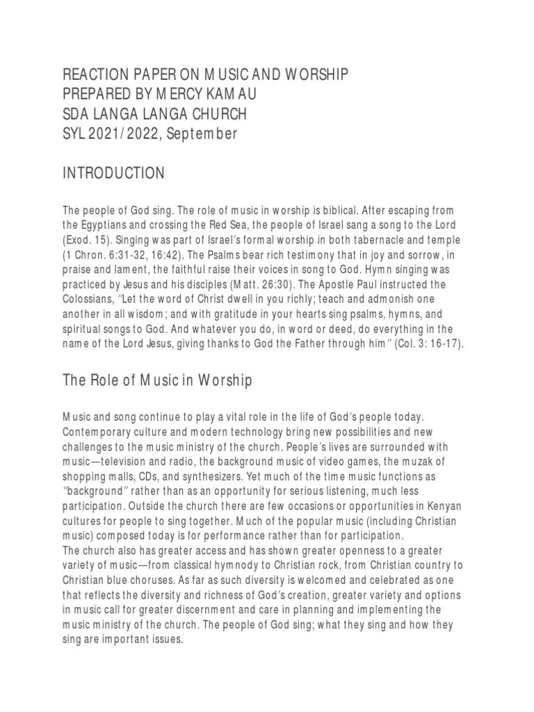 Music's Role in Worship: A Reaction Paper | PDF | Hymns | Contemporary ...