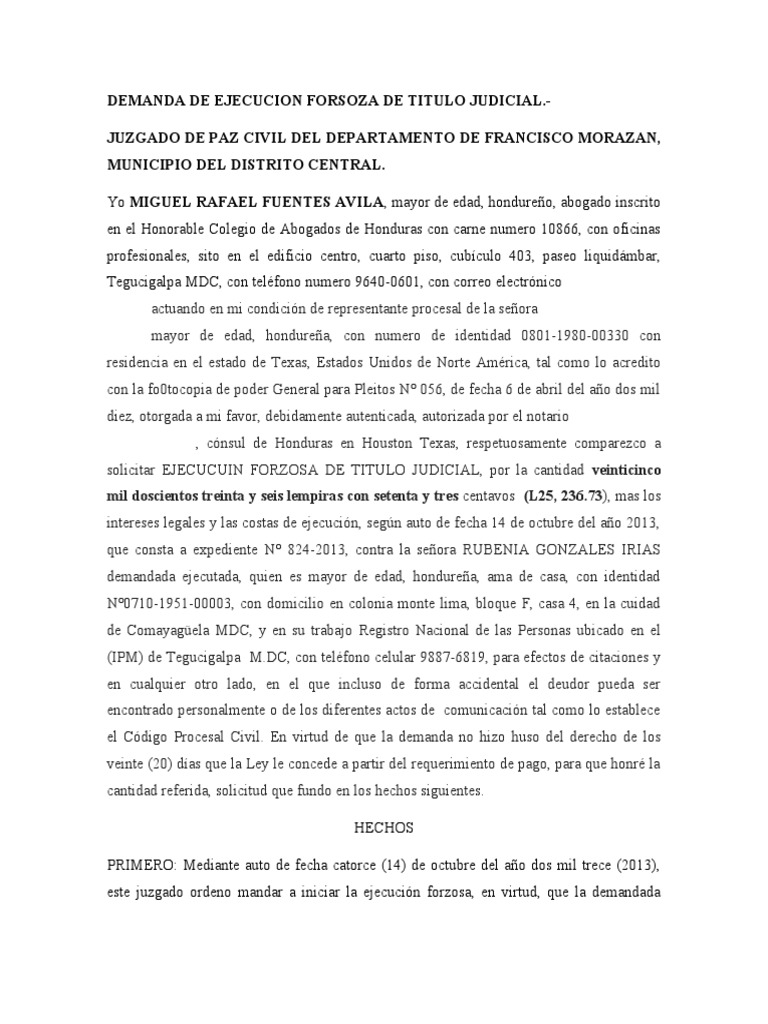 Demanda de Ejecucion Forzosa de Titulo Judicial | PDF | Honduras | Debido al proceso