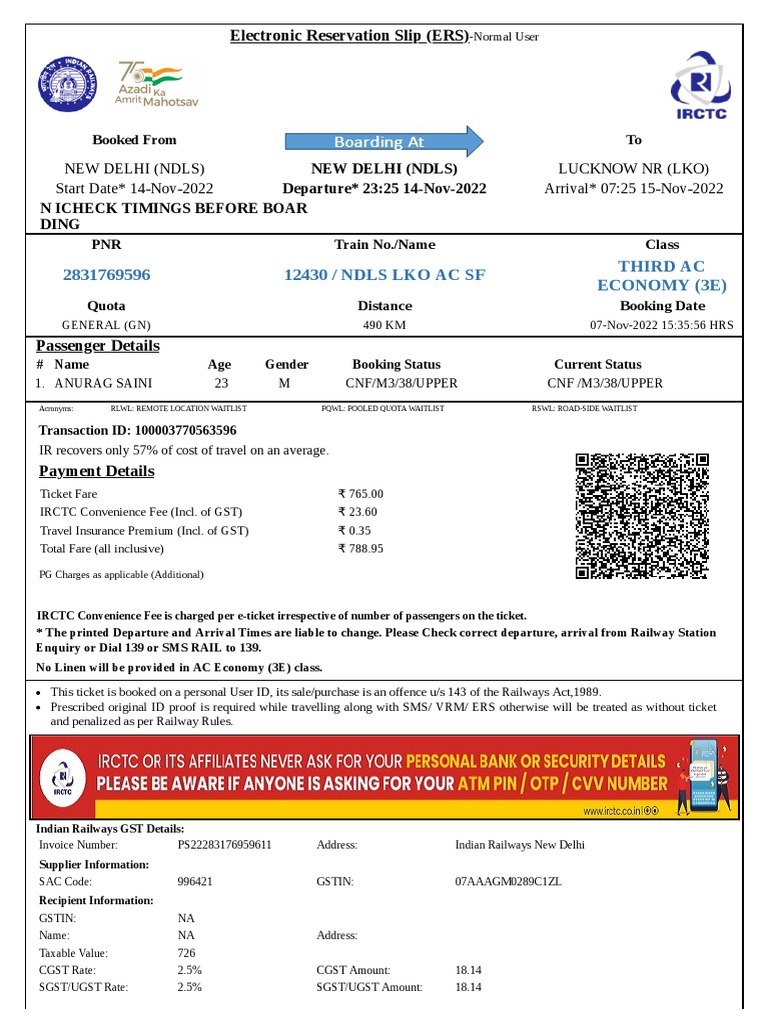 Ndls Lko Ac SF Third Ac Economy (3E) | PDF | Identity Document | Payments