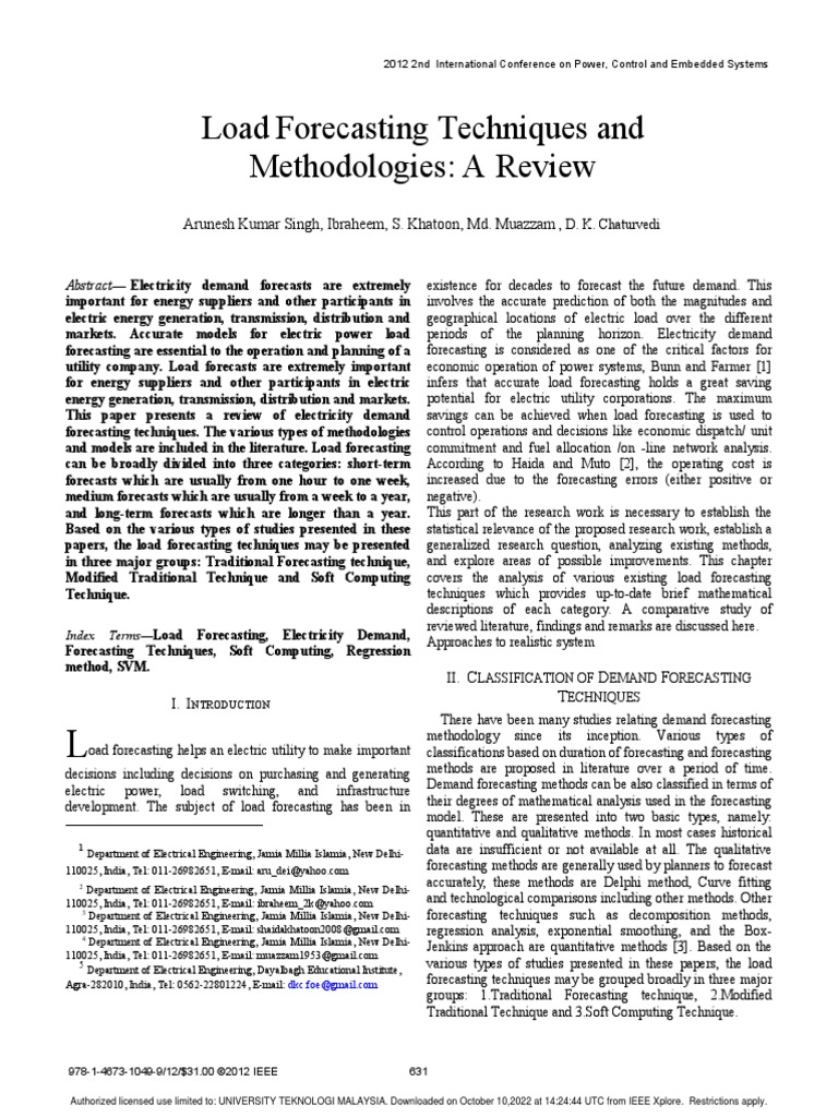Load Forecasting Techniques And Methodologies A Review Pdf Least