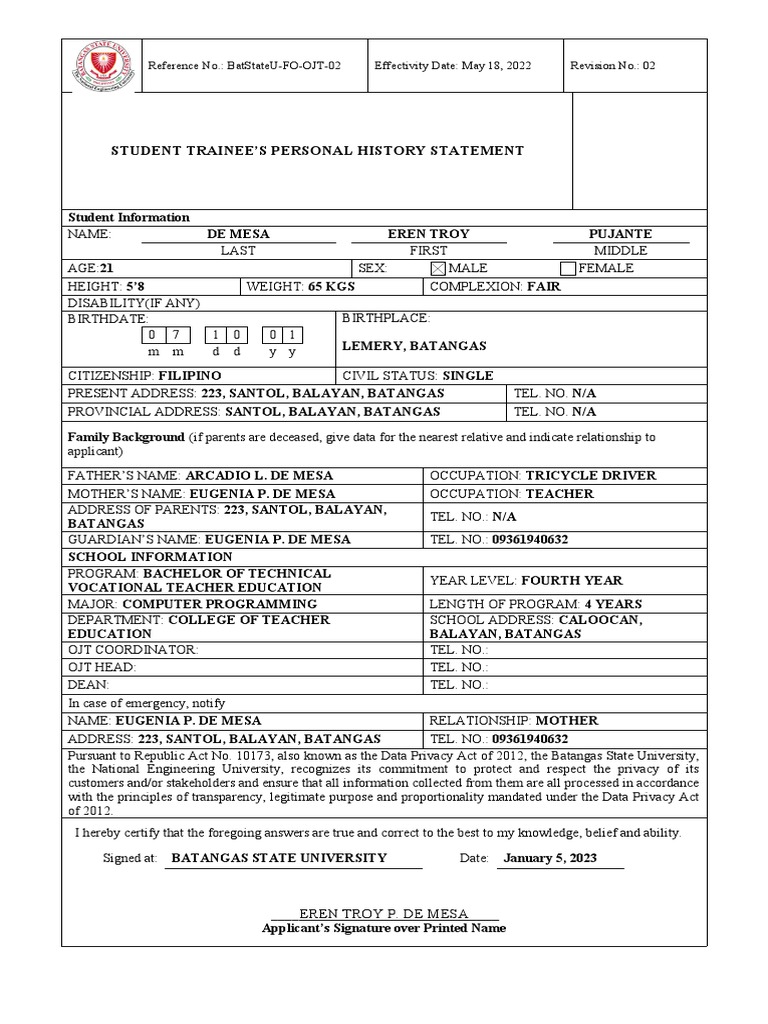 Student Trainee Personal History Statement | PDF