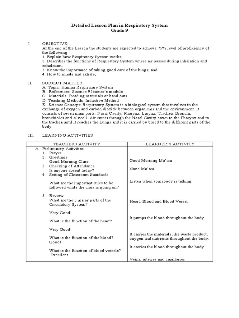 Detailed Lesson Plan in Respiratory System | PDF | Respiratory Tract ...
