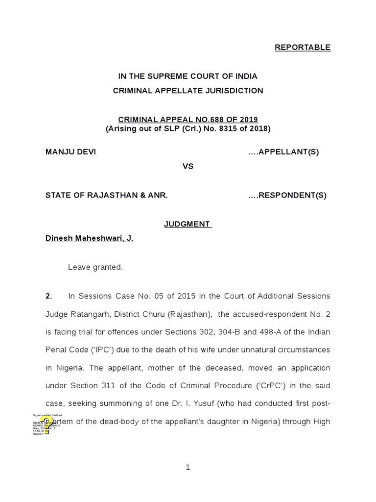 Manju Devi Vs The State of Rajasthan On 16 April, 2019 in Criminal Appeal No.688 OF 2019 | PDF ...