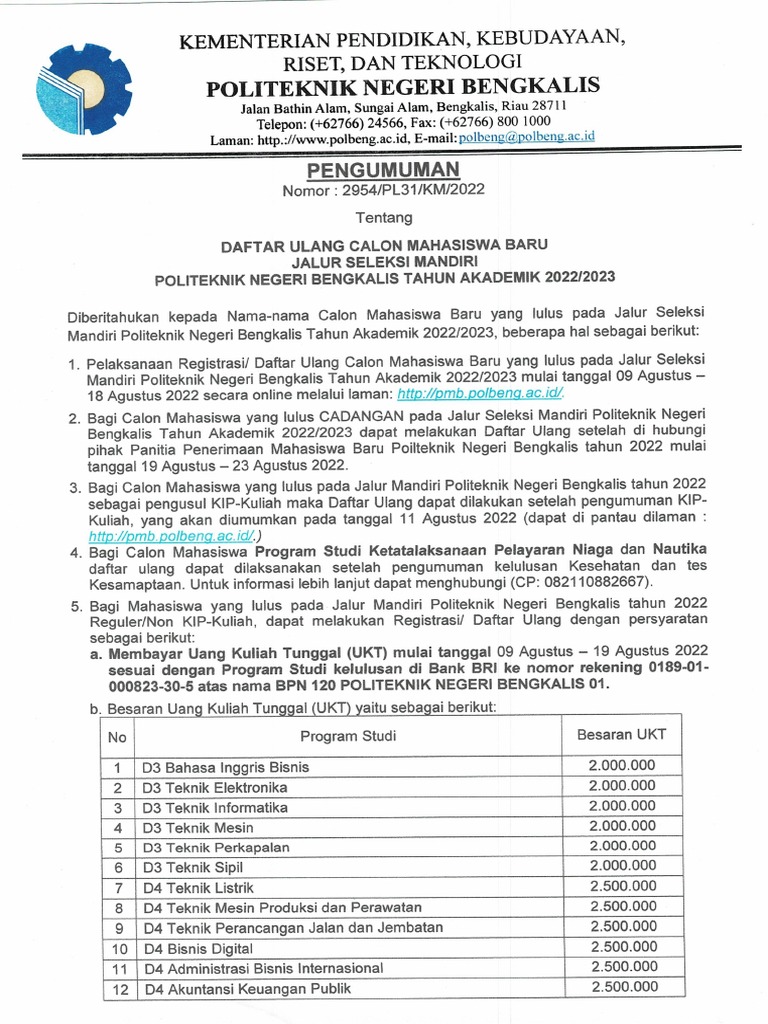Pengumuman Kelulusan UTBK Mandiri Polbeng 2022 Ok | PDF