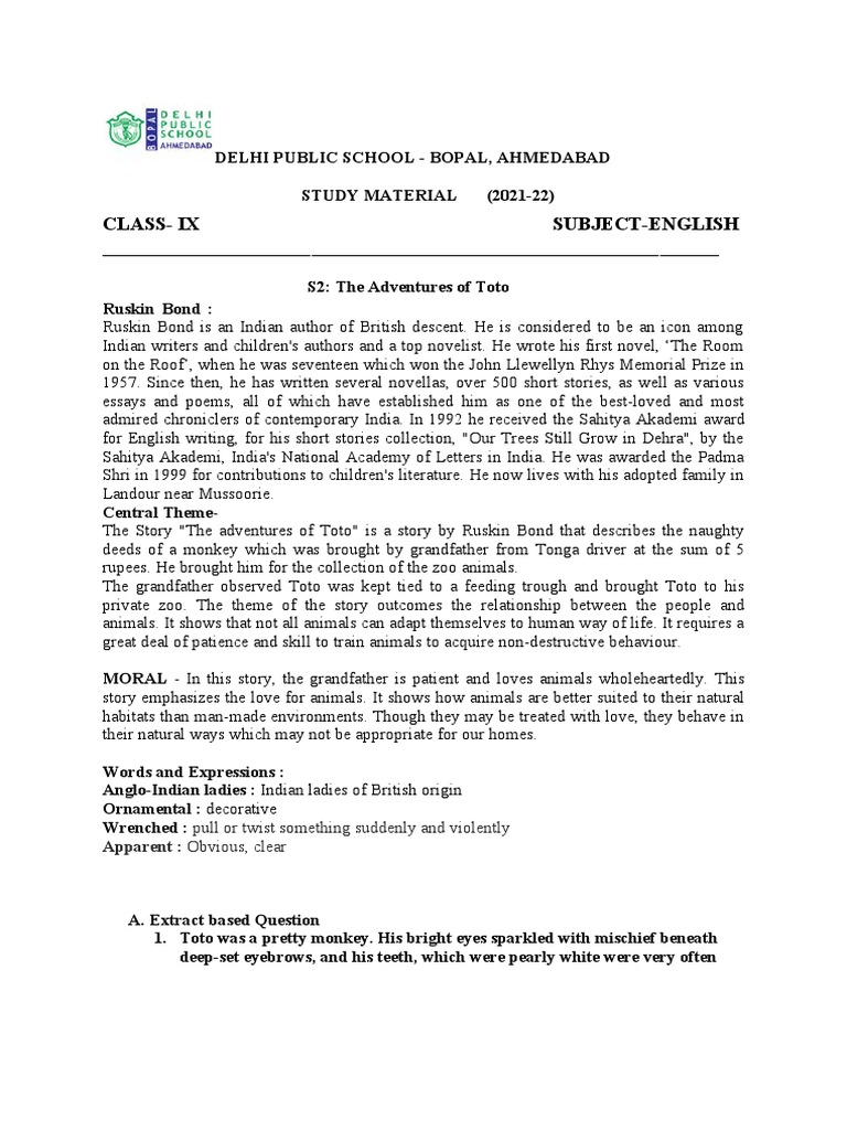 Ruskin Bond's The Adventures of Toto - Summary and Questions | PDF