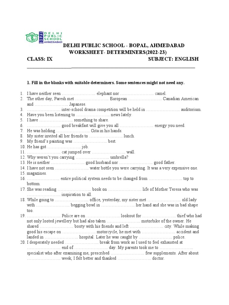 Determiners - Worksheet 1 | PDF