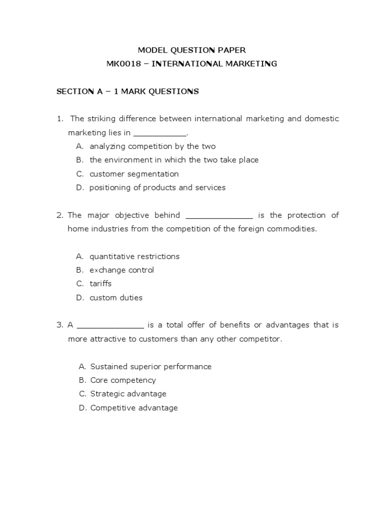 Model Question Paper Mk0018 - International Marketing Section A - 1 ...