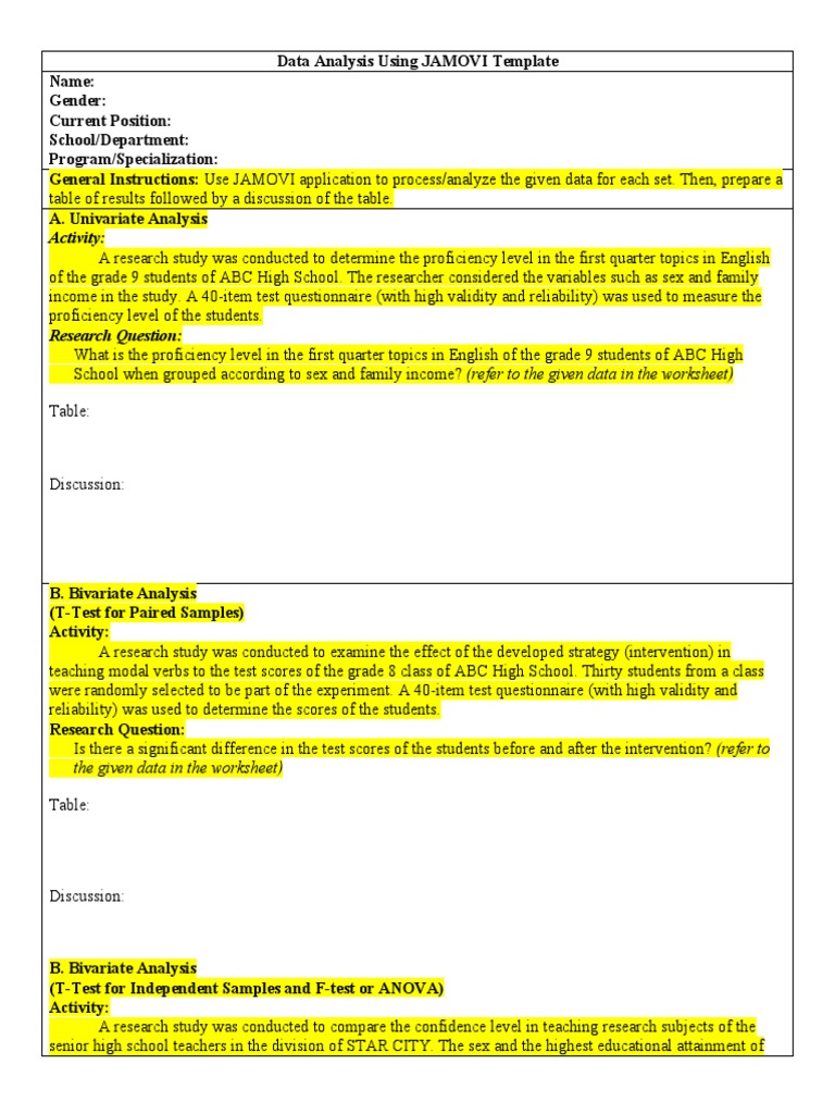 Template For Data Analysis Using JAMOVI Activity | PDF | Validity ...