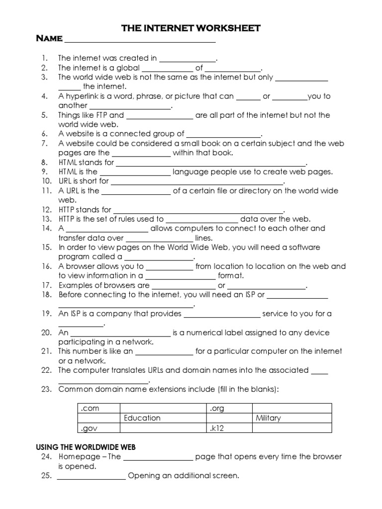 The Internet Info Worksheet | PDF | World Wide Web | Internet & Web