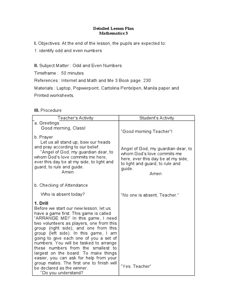 Grade 3 Odd and Even Numbers Lesson Plan | PDF | Lesson Plan | Teachers