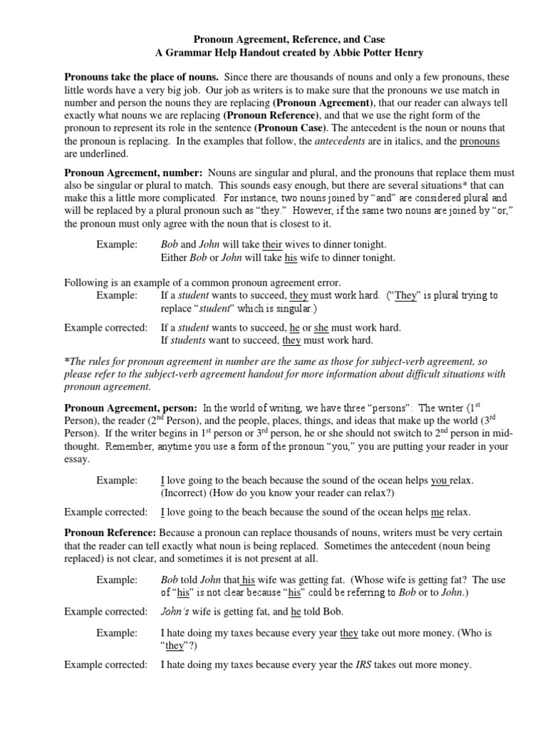 AbbiePotterHenry PronounAgreementReferenceandCase2 | PDF | Pronoun ...