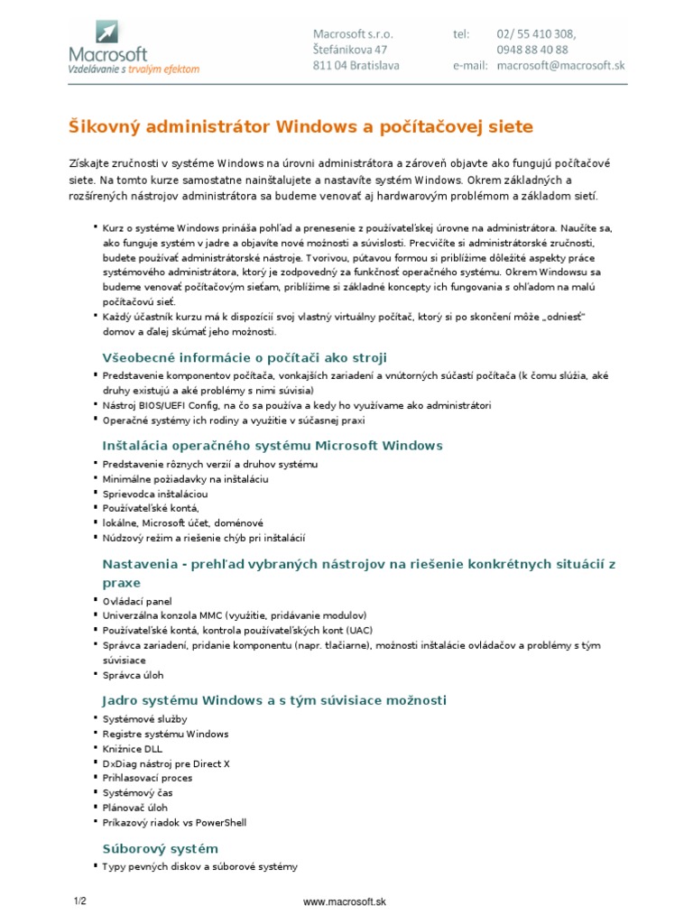Osnova Kurzu Šikovný Administrátor Windows A Počítačovej Siete | PDF