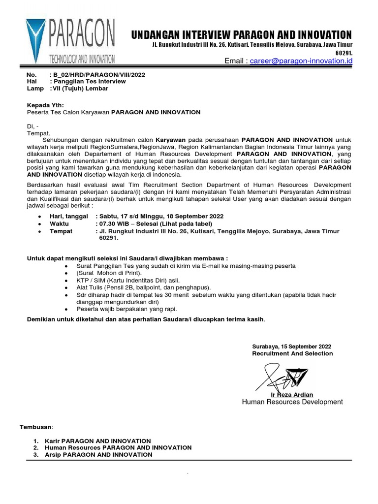 Undangan Interview Paragon and Innovation | PDF