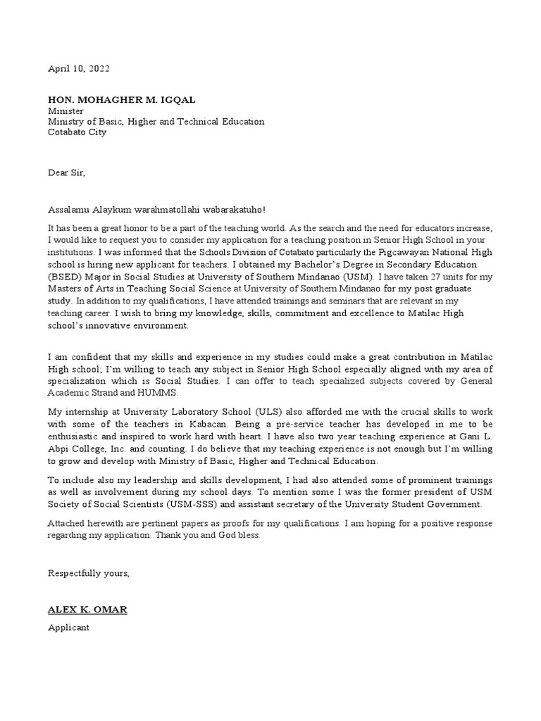 Application Letter (SHS) | PDF