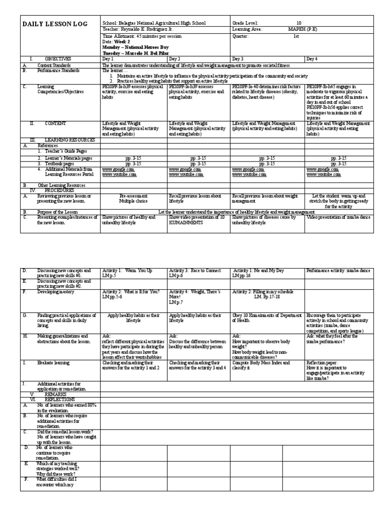 WEEK 2 August 29 - Sep 02 | PDF | Learning | Weight Management