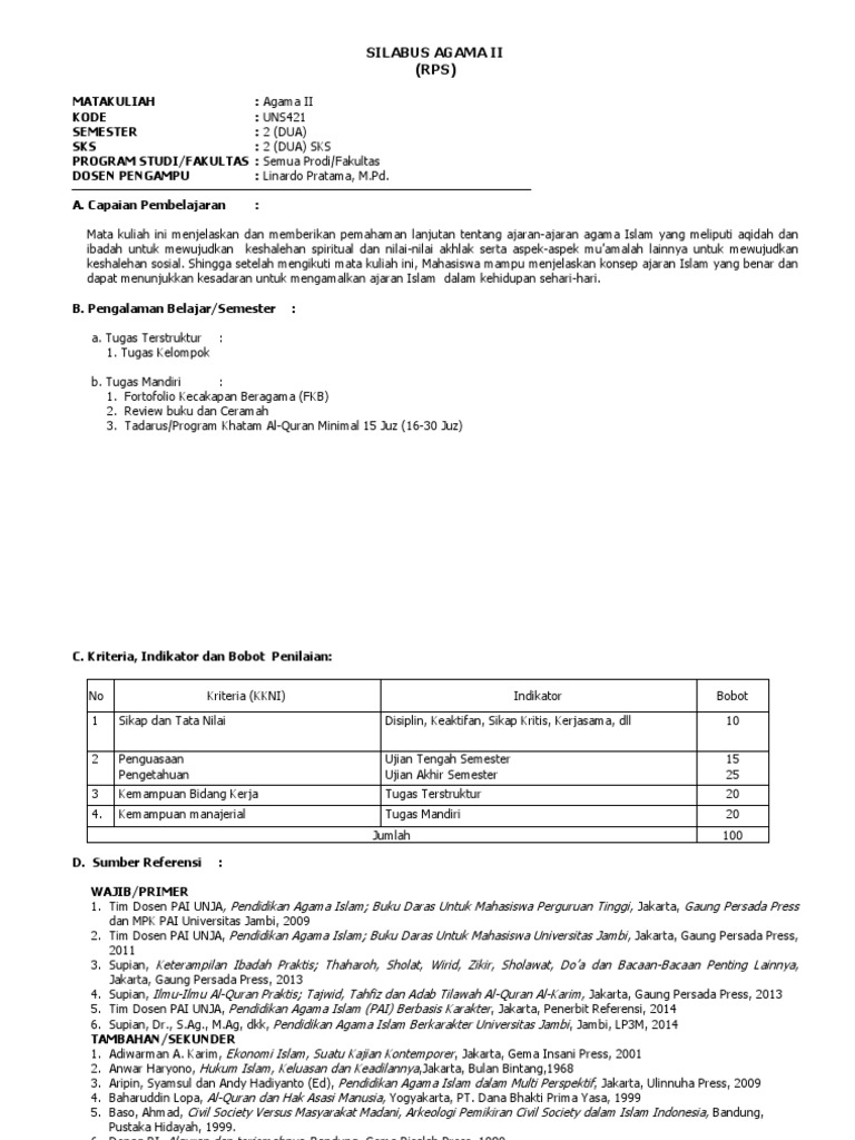 SILABUS PAI - Agama II | PDF