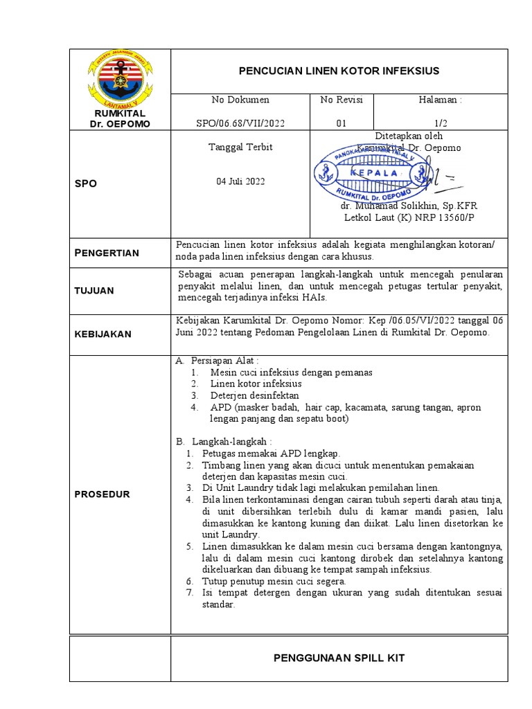 Spo Pencucian Linen Infeksius | PDF