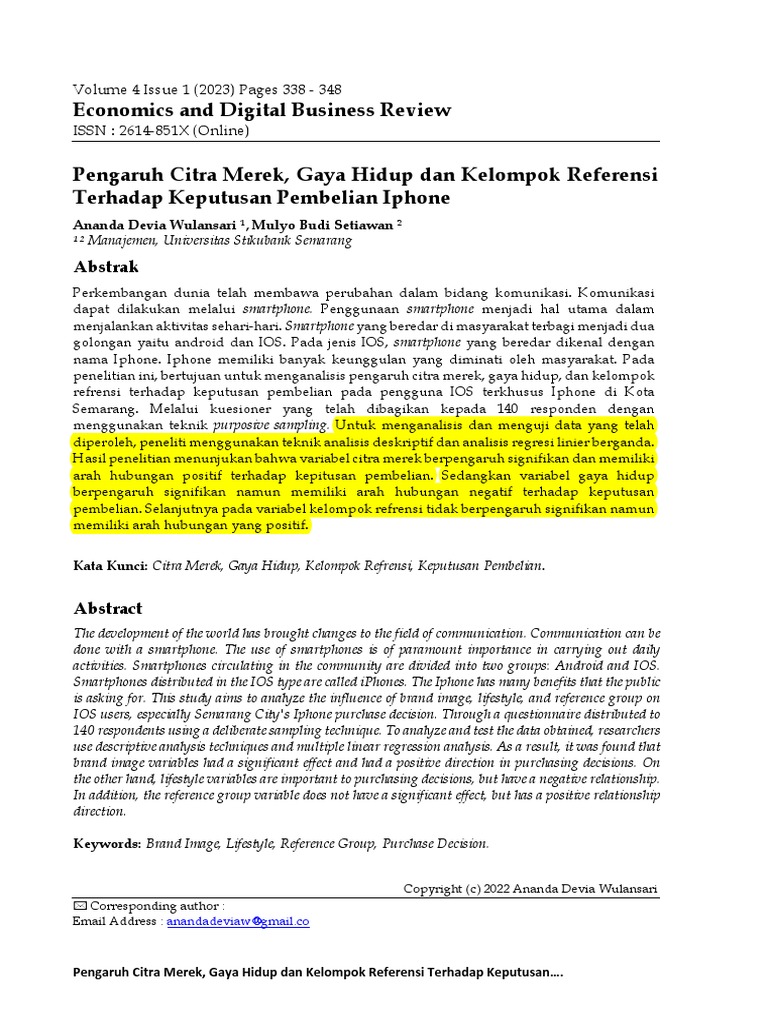 2023 Wulansari, Ananda Devia, and Mulyo Budi Setiawan. Pengaruh Gaya Hidup Terhadap Keputusan ...