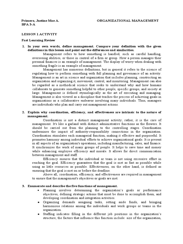 Lesson 1 Activity | PDF | Goal | Efficiency