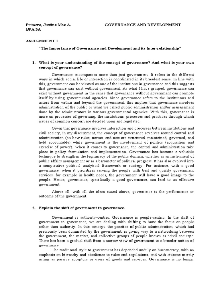 Assignment 1 - Gov and Devt | PDF | Governance | Sustainability