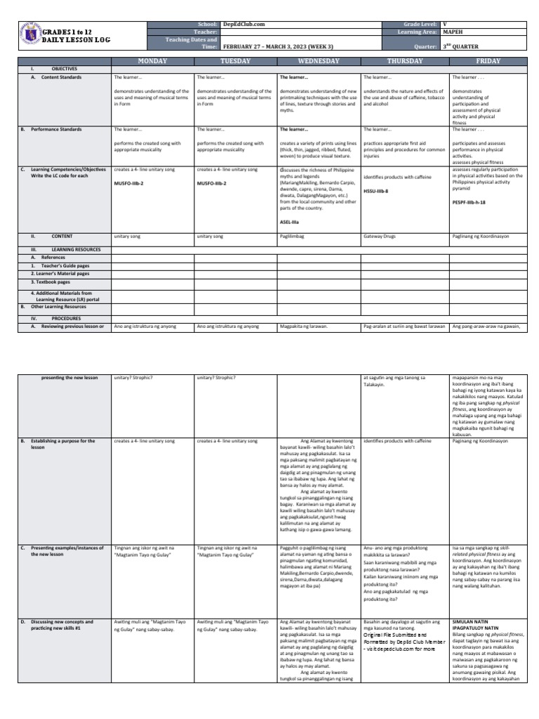 DLL - Mapeh 5 - Q3 - W3 | PDF | Learning